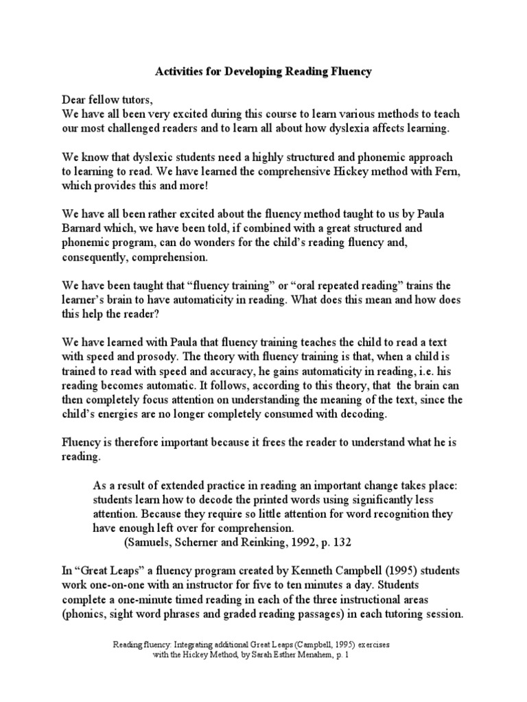 Reading Fluency: Integrating Additional Great Leaps (Campbell, 1995 ...