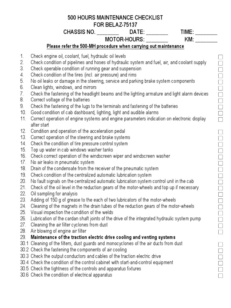 500 Motor-Hours Maintenance (M-2)_Checklist | PDF | Steering | Screw
