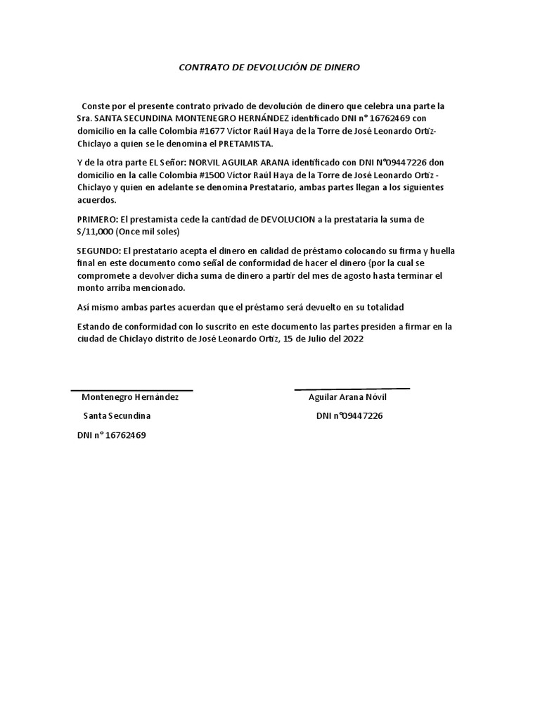 CONTRATO DE DEVOLUCIÓN DE DINERO | PDF