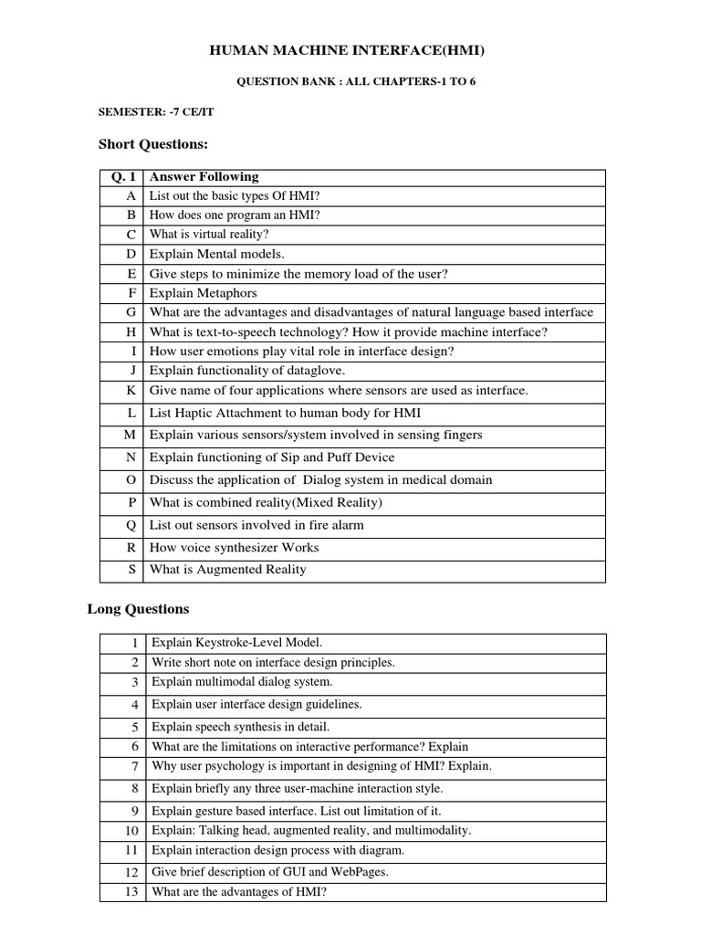 HMI Question Bank for CE/IT Semester 7 | PDF | Games & Activities ...