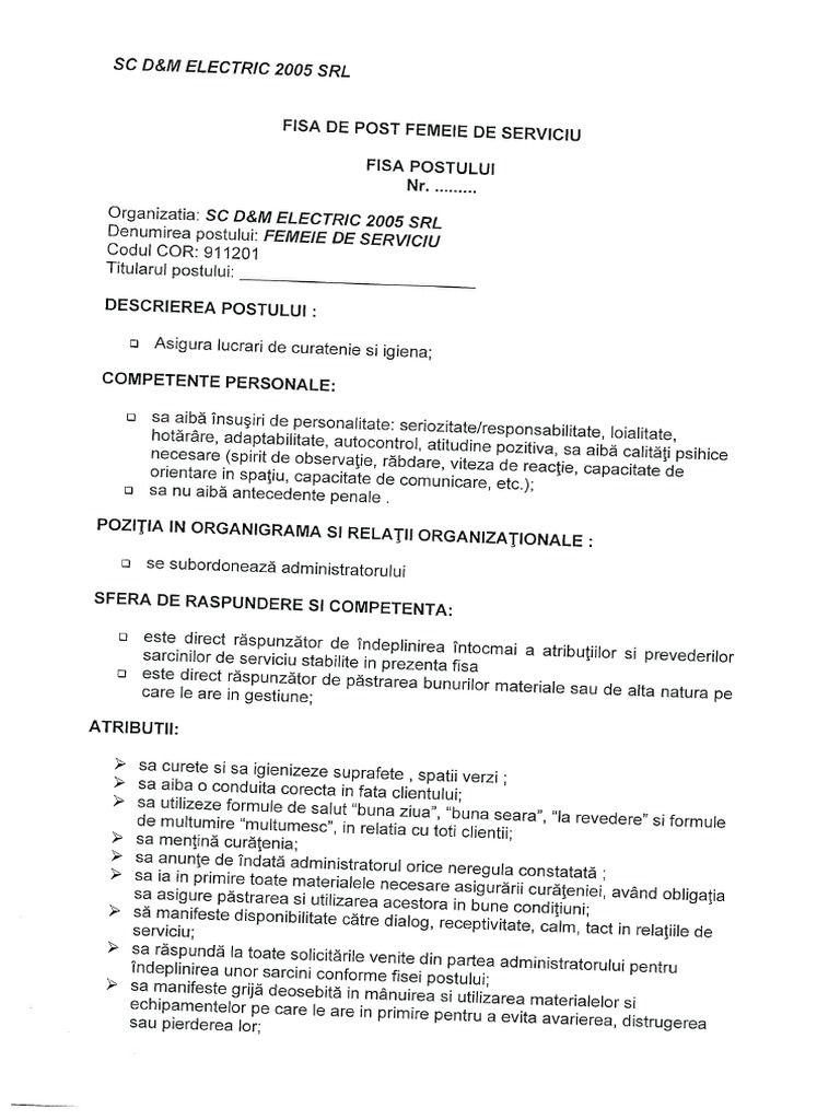 Fise Post - Femeie de Serviciu | PDF