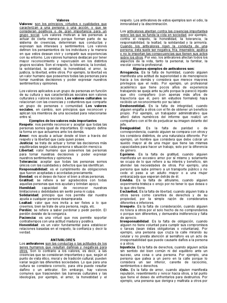 Valores y Antivalores | PDF | Amor | Tolerancia