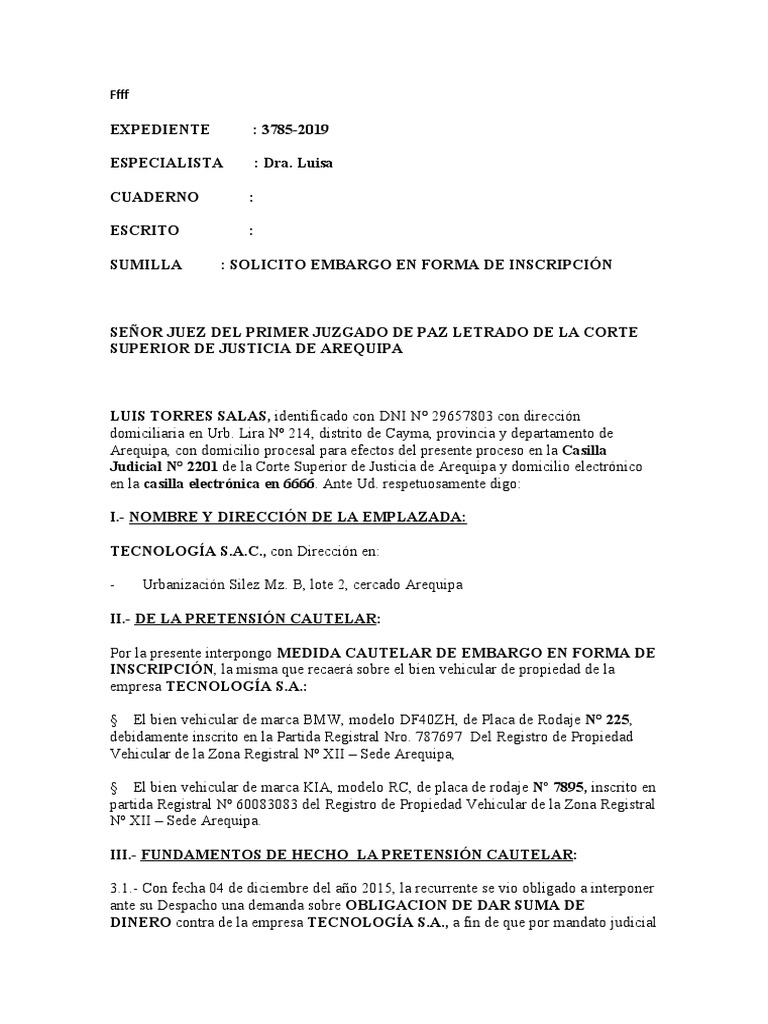 Modelo de Escrito de Demanda Con Medida Cautelar Dentro Del Proceso | PDF | Mandato | Accion legal