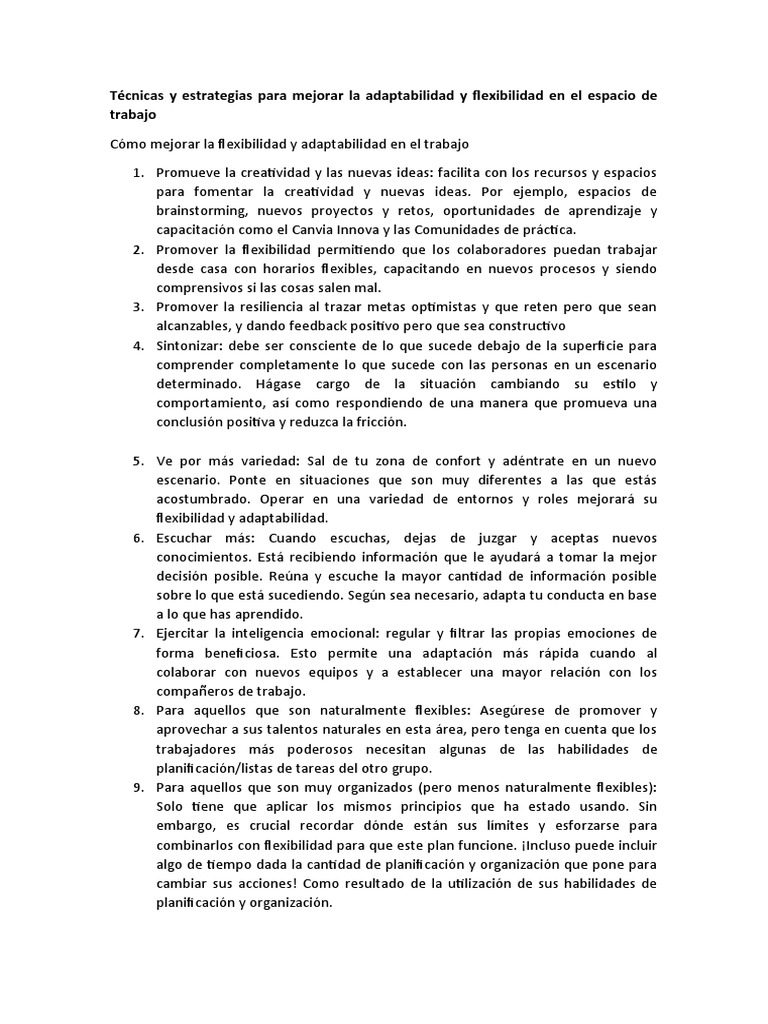 Técnicas y Estrategias para Mejorar La Adaptabilidad y Flexibilidad en El Espacio de Trabajo ...