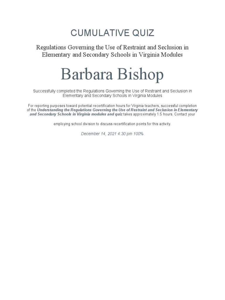 Restraint and Seclusion Certificate | PDF