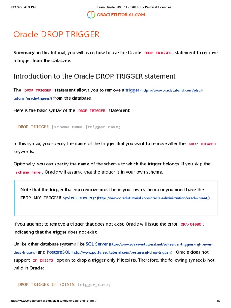 Learn Oracle DROP TRIGGER by Practical Examples | PDF | Oracle Database ...