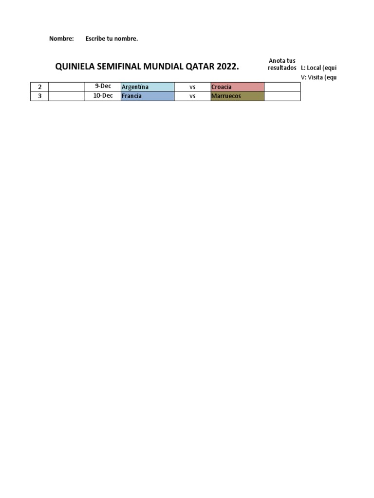 Quiniela Semifinal Mundial 2022 | PDF