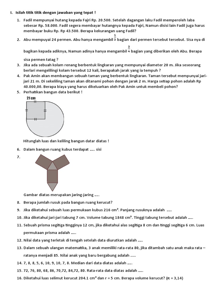 SOAL PAS MTK KLS 6 (10 Des 22) | PDF