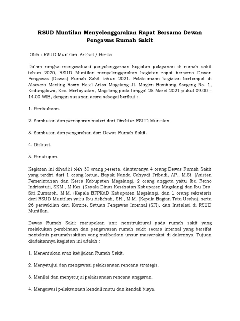 RSUD Muntilan Menyelenggarakan Rapat Bersama Dewan Pengawas Rumah Sakit ... RSUD Muntilan Menyelenggarakan Rapat Bersama Dewan Pengawas Rumah Sakit ...