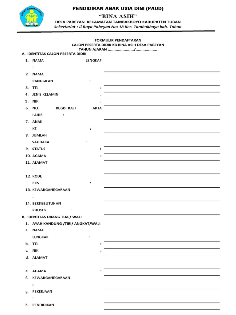 Formulir Pendaftaran Paud | PDF