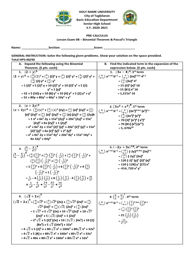 Lesson Exam 08 Binomial Theorem Etc Pdf Mathematics Number Theory