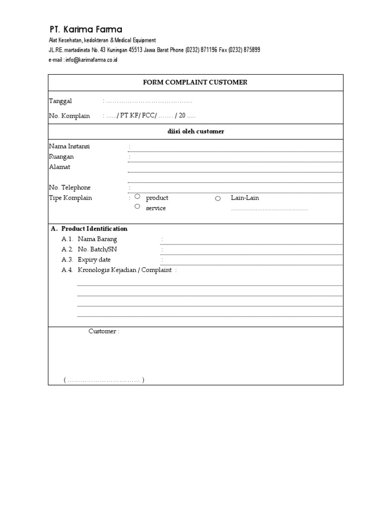 PT KARIMA FARMA Form Complain Customer | PDF