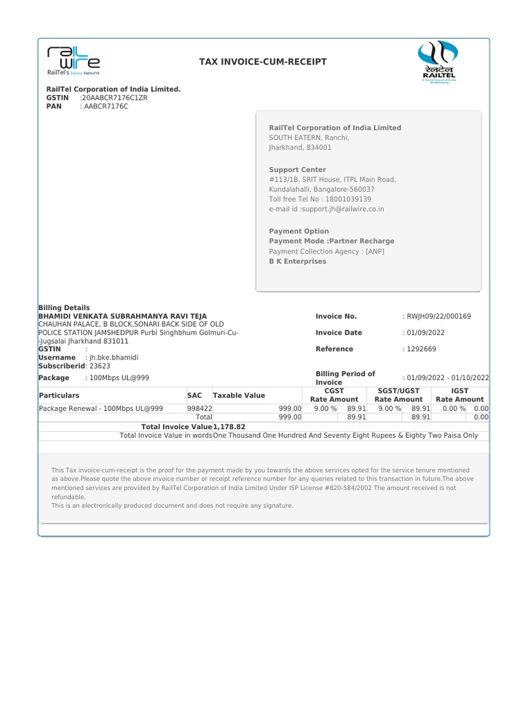 RailTel Tax Invoice for 100Mbps Plan | PDF | Invoice | Receipt