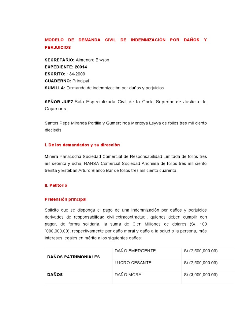 Modelo Demanda Indemnización Por Daños y Perjuicios. | PDF | Daños y perjuicios