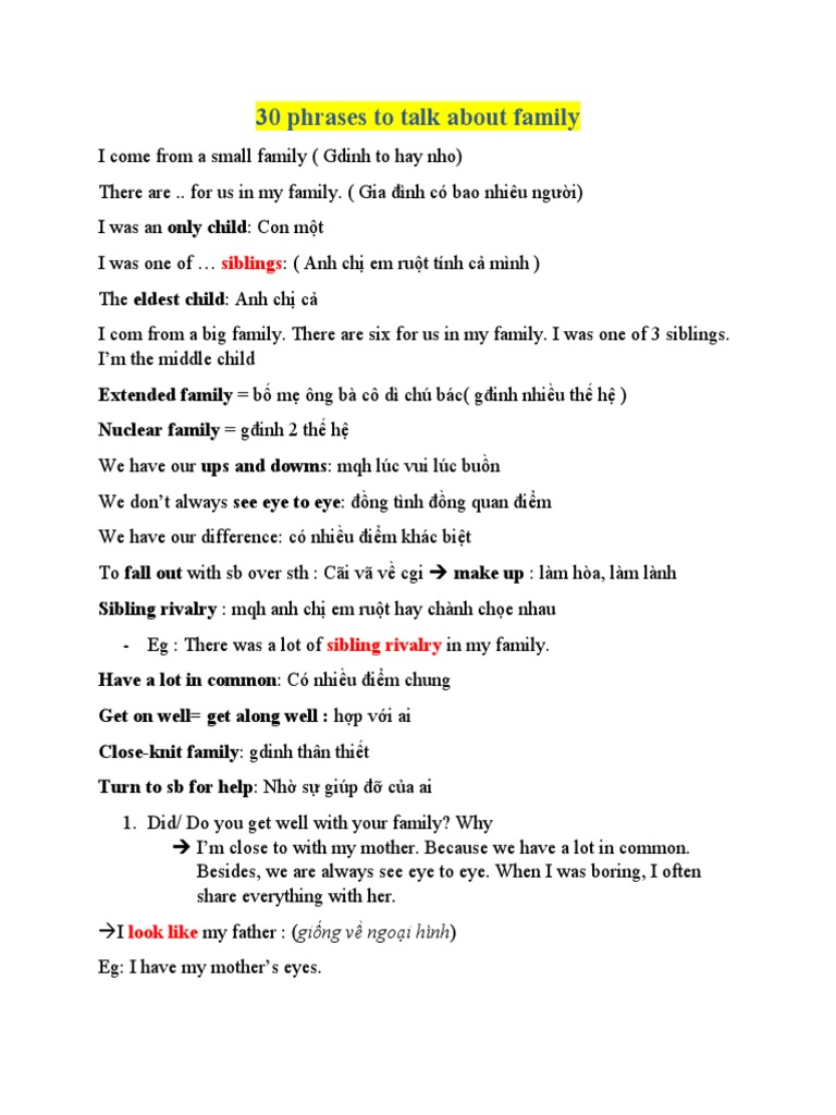 30 Phrases To Talk About Family Pdf