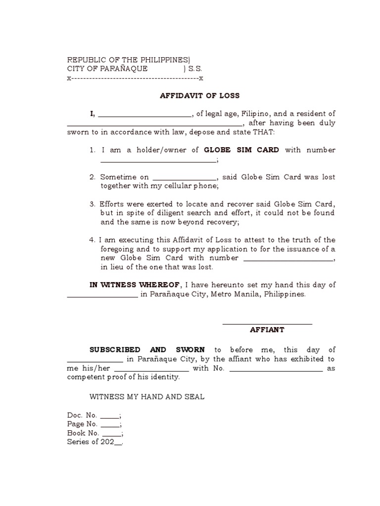 Affidavit of Loss of Sim Globe | PDF