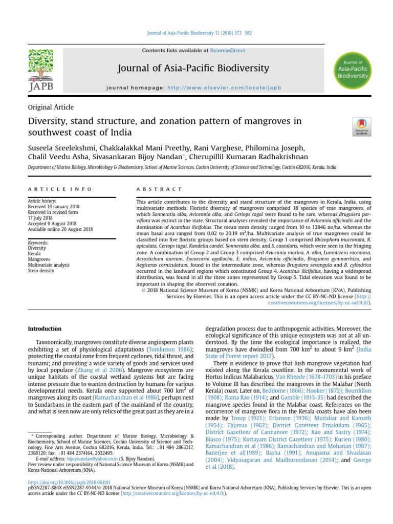 2018 Sreelekshmi Et Al Diversity, Stand Struction and Zonation Pattern | PDF | Mangrove | Kerala