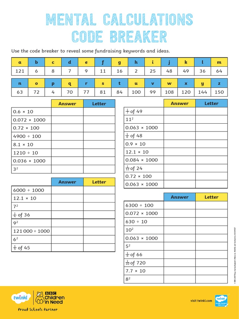 BBC Children in Need - Mental Calculations Code Breaker - MA | PDF