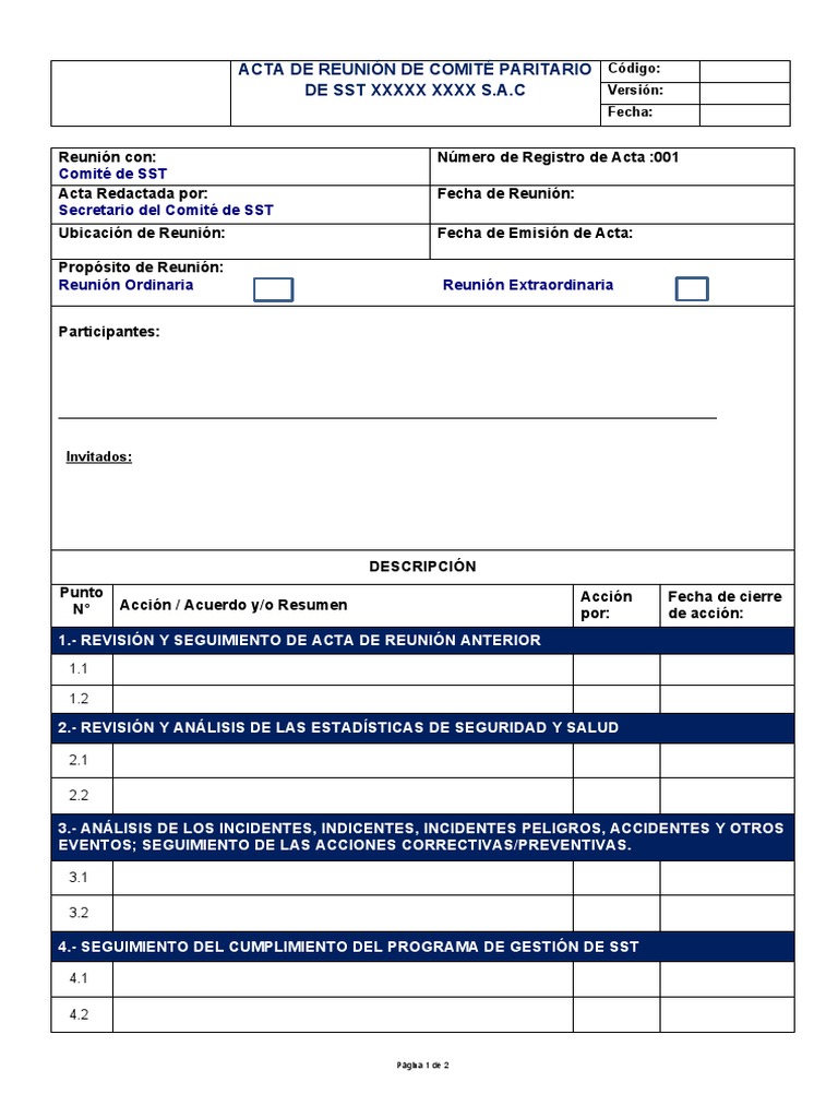 Formato Actas de Reunion Comite SST | PDF