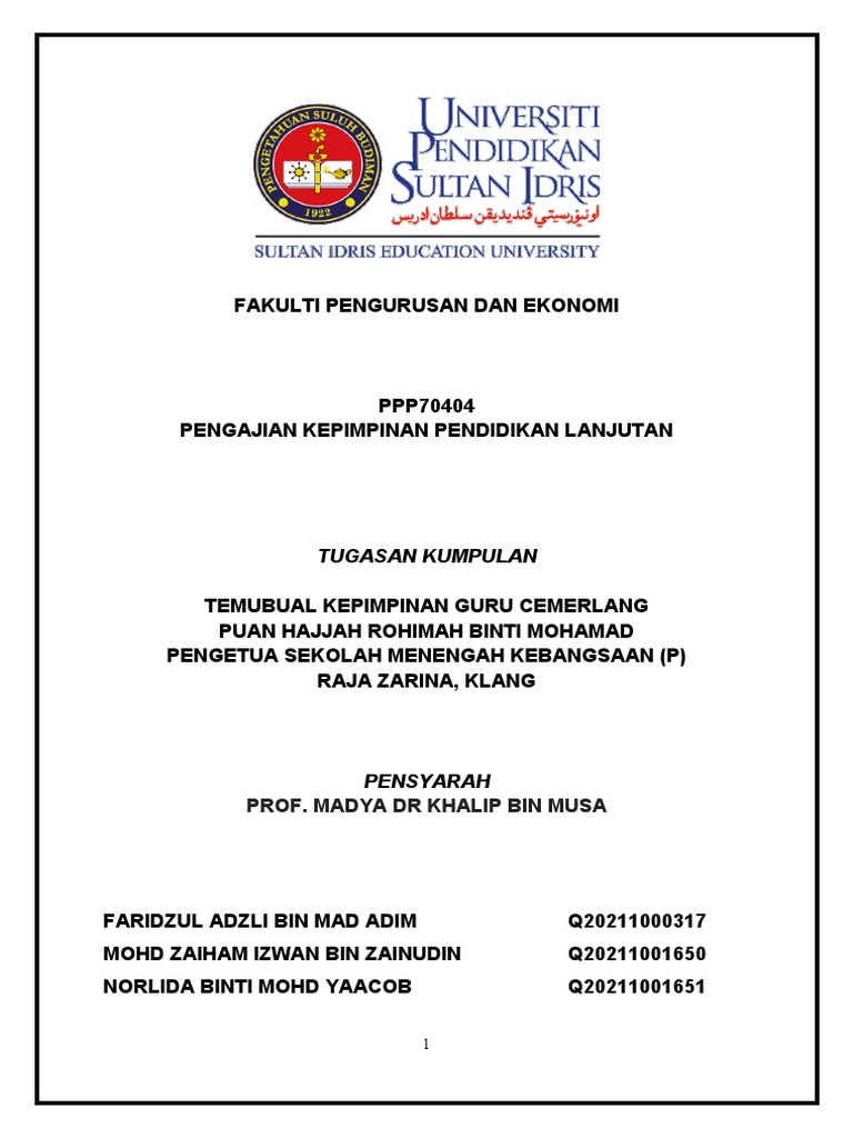 Tugasan Temubual Kepimpinan Pengetua Cemerlang SMK (P) Raja Zarina, Klang | PDF