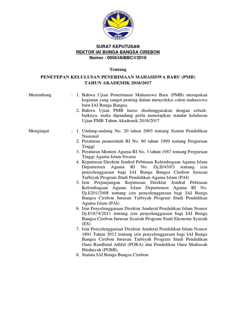 SK Penetapan Kelulusan PMB | PDF