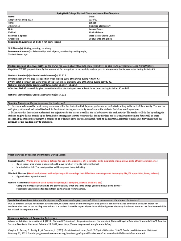 Adapted Group Kickball Lesson Plan | PDF | Teachers | Pitcher