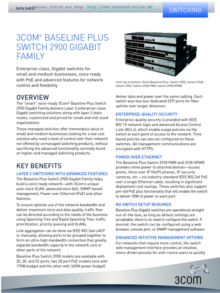 3com Baseline Plus Switch 2900 Gigabit Family: Switching Switching ...