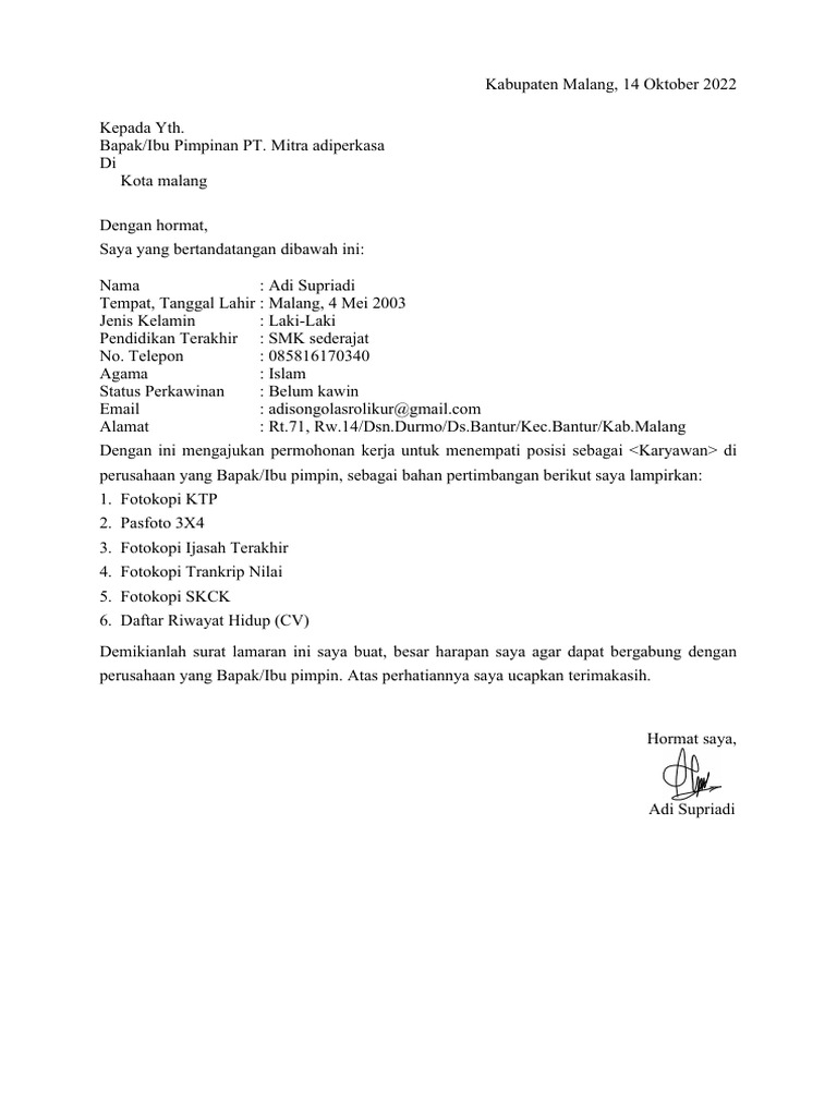 Contoh Surat Lamaran Kerja di Map | PDF