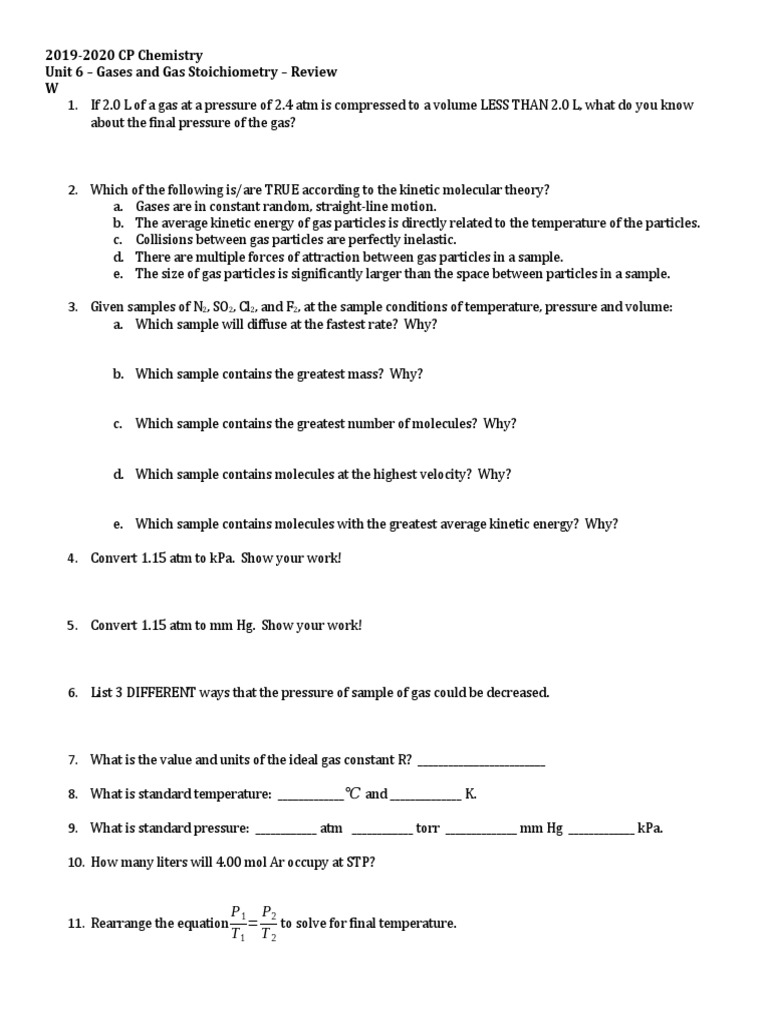 Gases and Stoichiometry Review Guide | PDF | Gases | Temperature