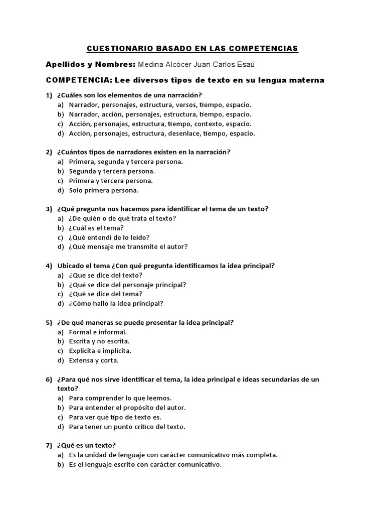 Cuestionario Basado en Competencias | PDF | Narración | Cómics