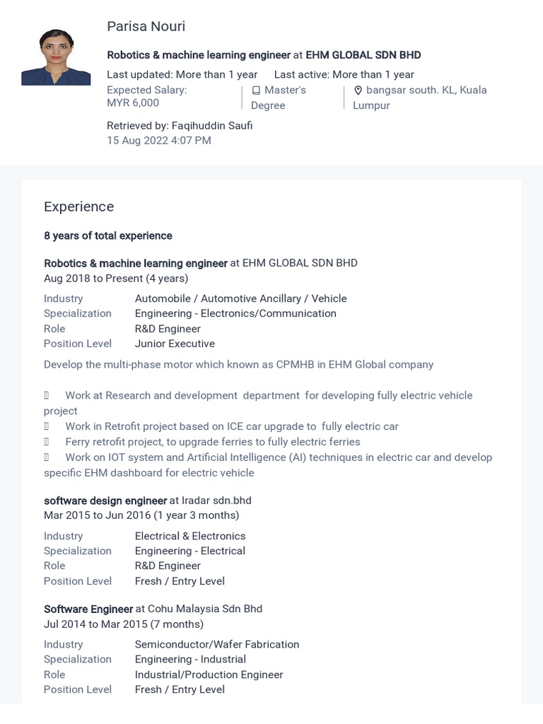 Robotics Engineer Profile Parisa Nouri | PDF | Engineering | Computing