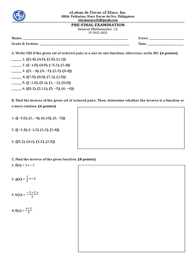 General Mathematics Pre-Final Exam | PDF