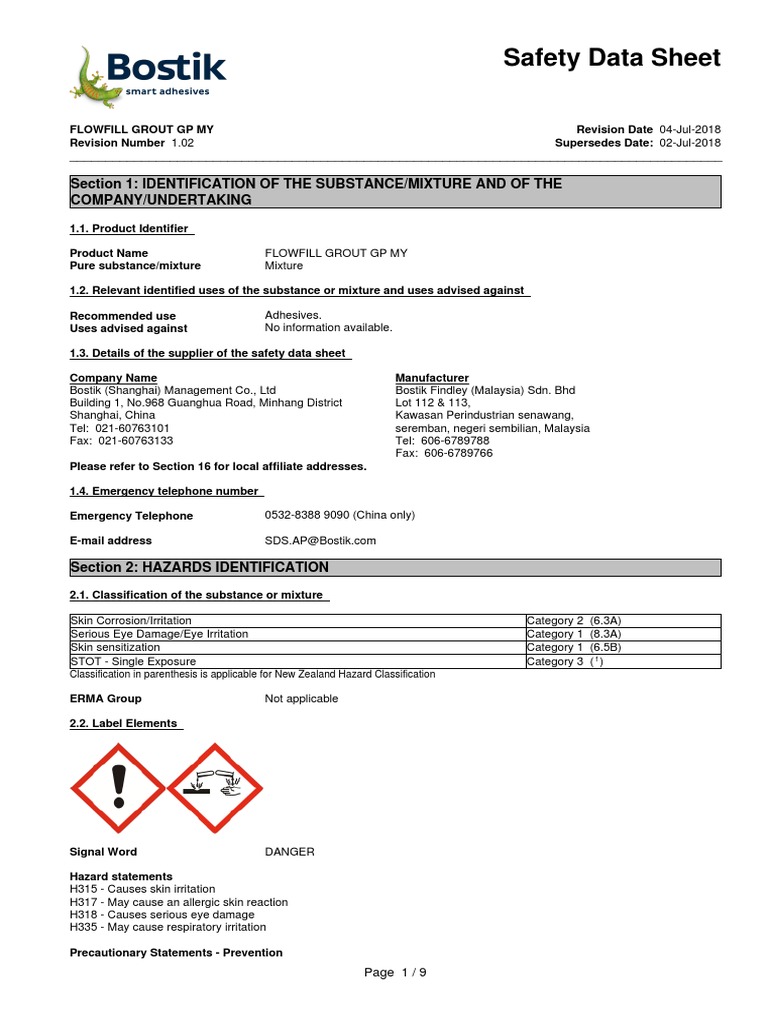 Sds Flowfill Grout Gp Download Free Pdf Personal Protective Equipment Toxicity