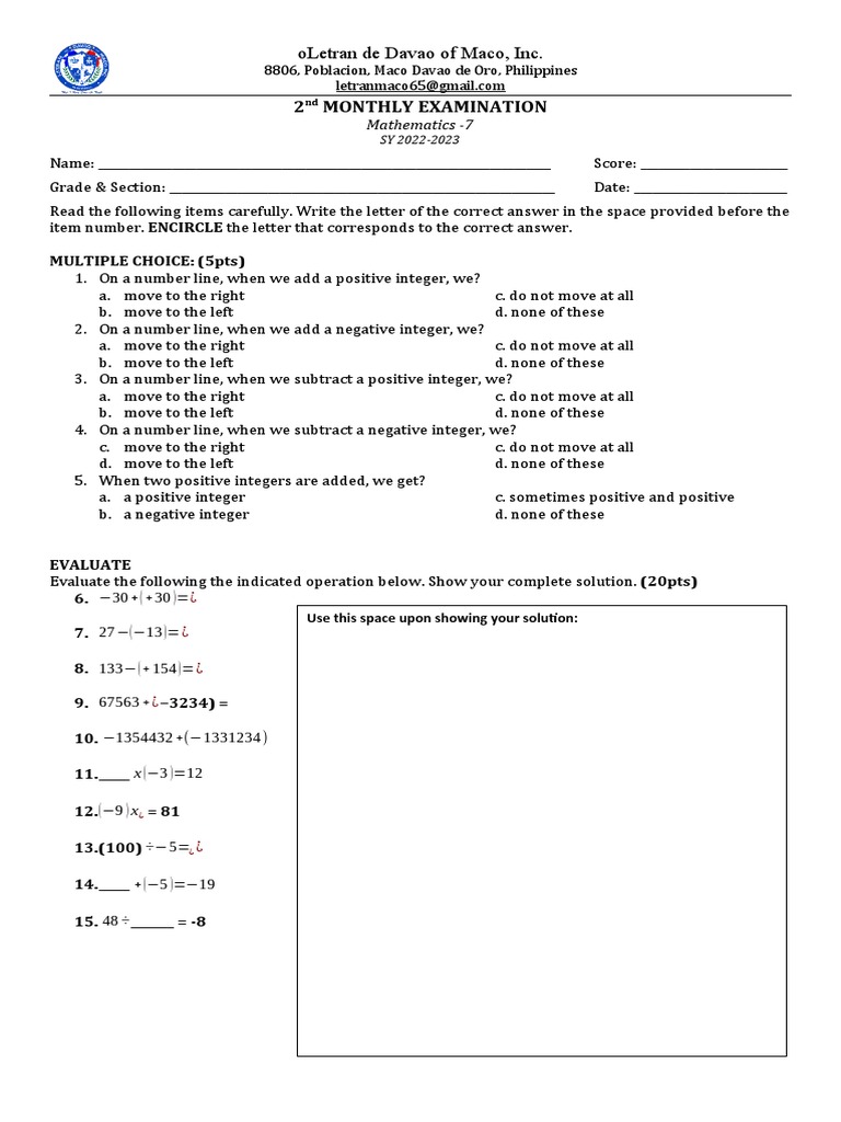2nd Monthly Exam in Math 8-2022-2023 Letran | PDF | Multiplication | Numbers