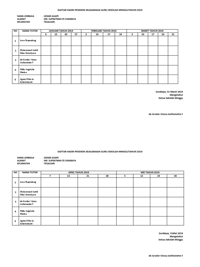 Absensi Guru Sekolah Minggu | PDF