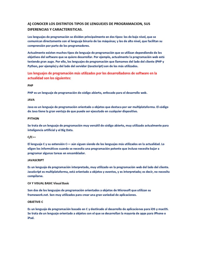 Tipos y Características de Lenguajes de Programación | PDF | Internet y ...