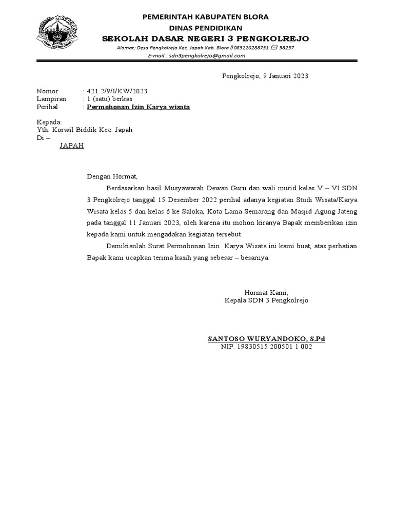 Surat Mohon Ijin Karya Wisata 2022 | PDF