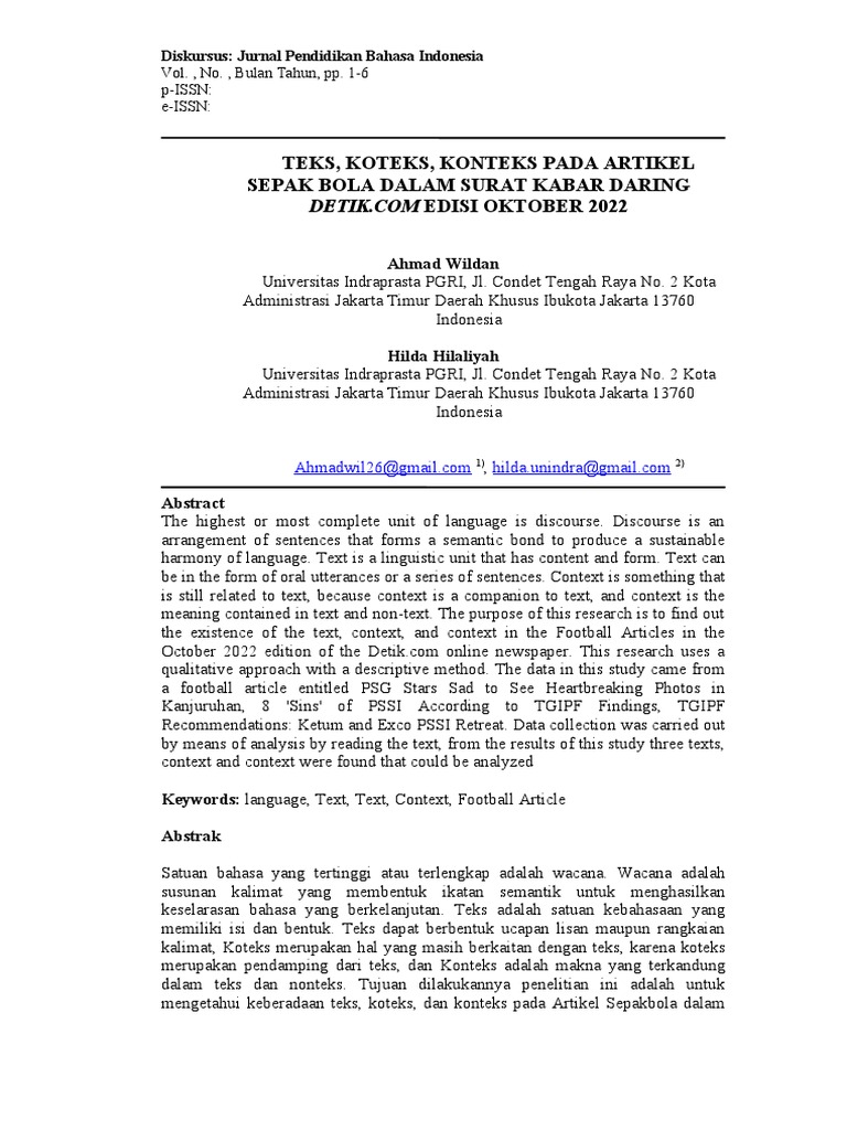 Teks, Koteks, Konteks Pada Artikel Sepakbola | PDF