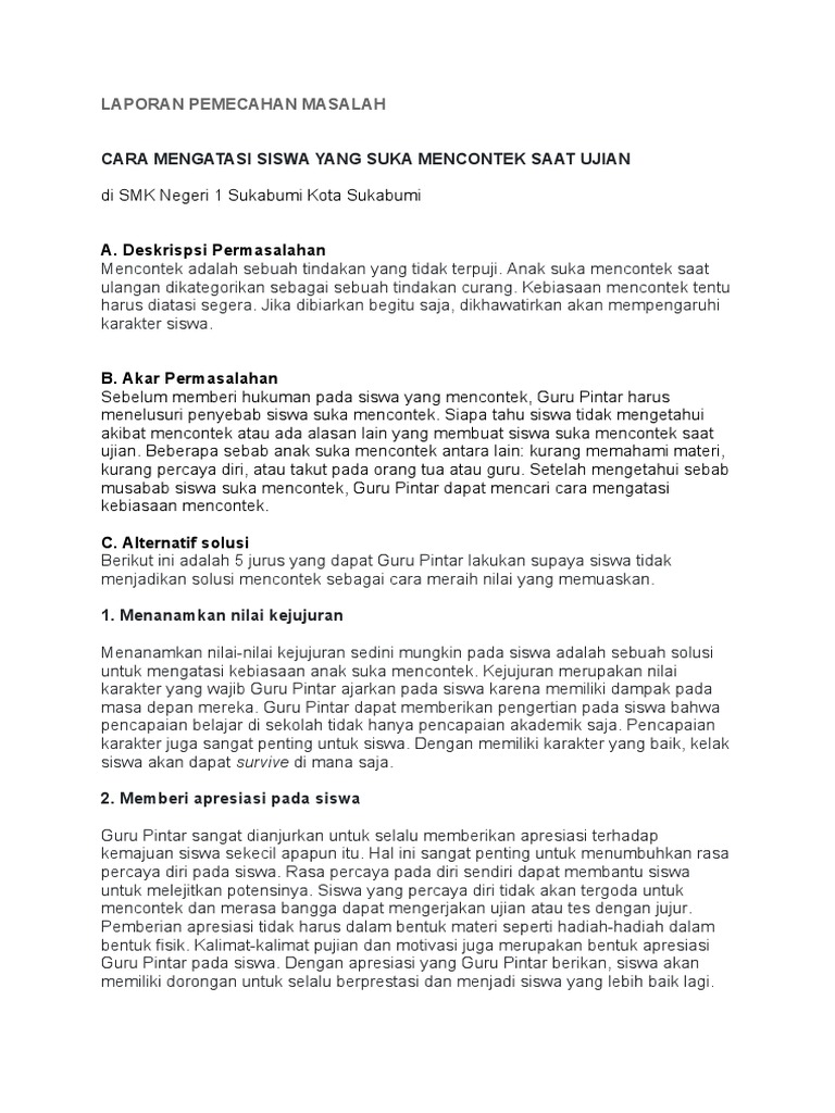 Laporan Pemecahan Masalah Mengatasi Siswa Sering Mencontek Saat Ujian | PDF