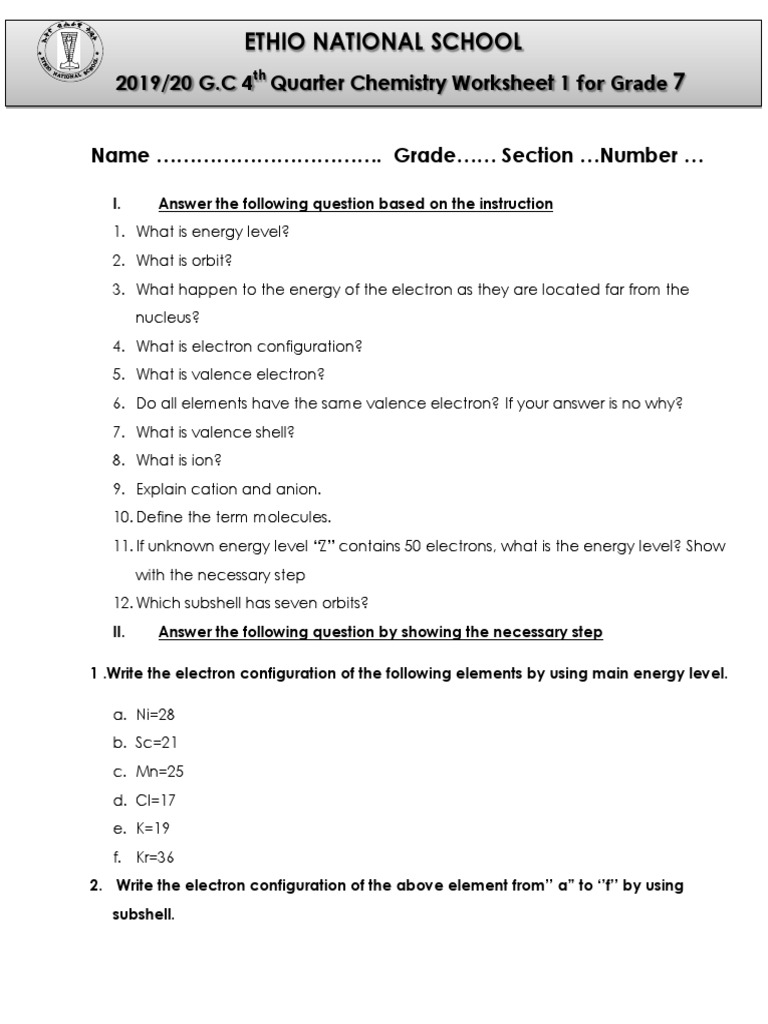 Grade 7 Chemistry - Worksheet 1 (4th Quarter) | PDF