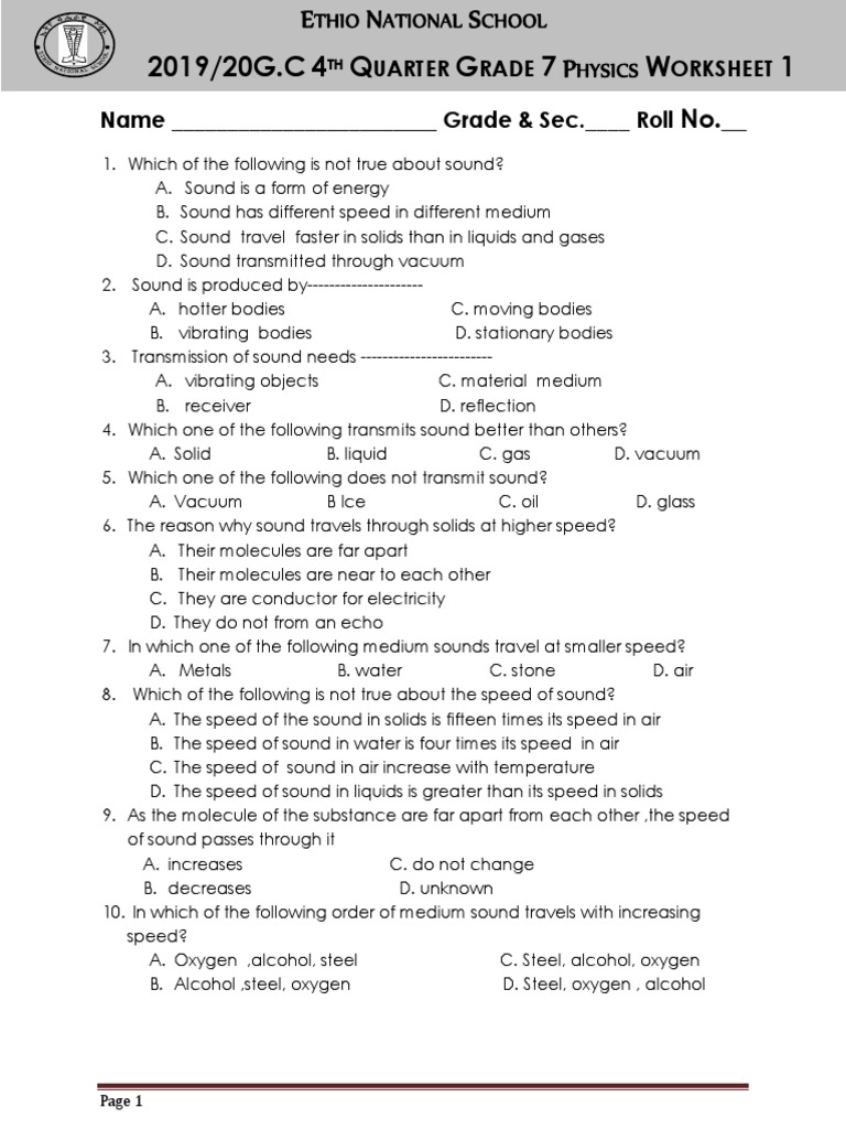 Grade 7 Sound Physics Worksheet | PDF | Sound | Liquids