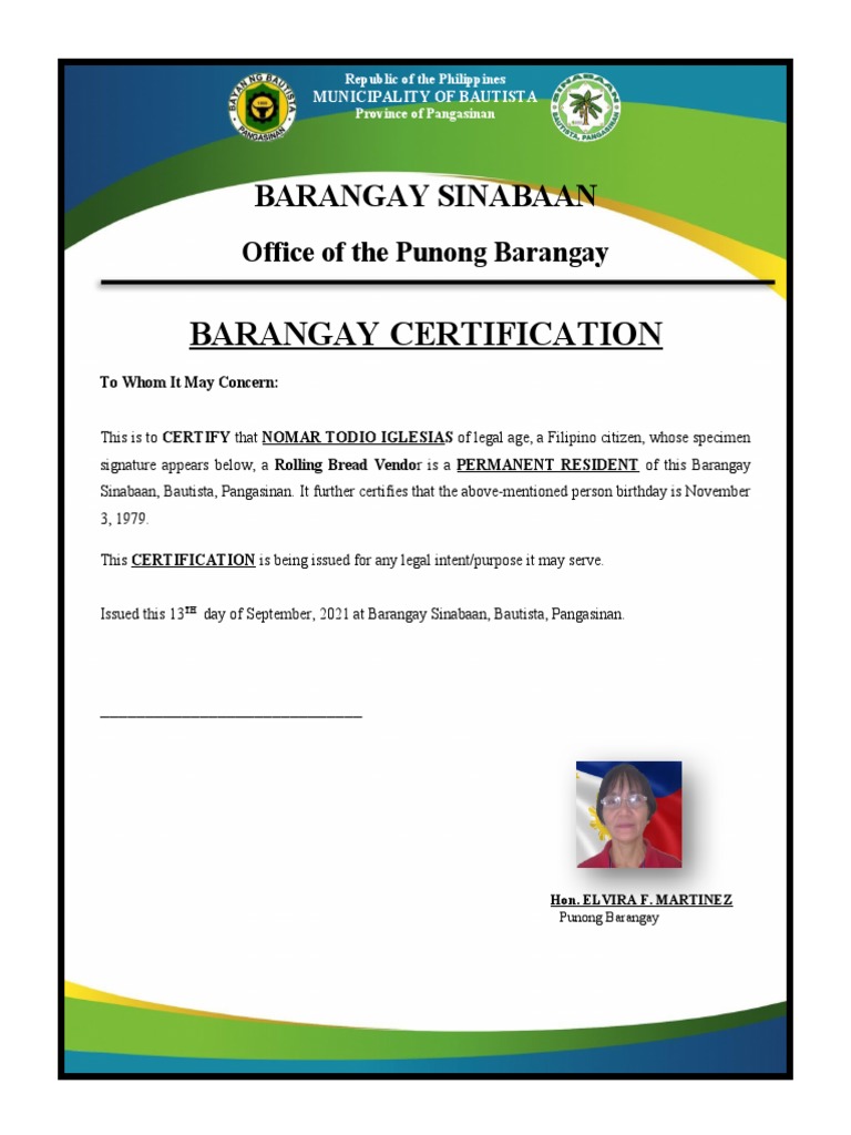 Brgy Cert For Lag | PDF