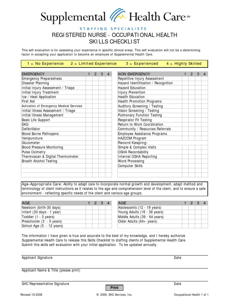 RN-Occupational Health Skills Checklist | PDF | Career & Growth | Self ...