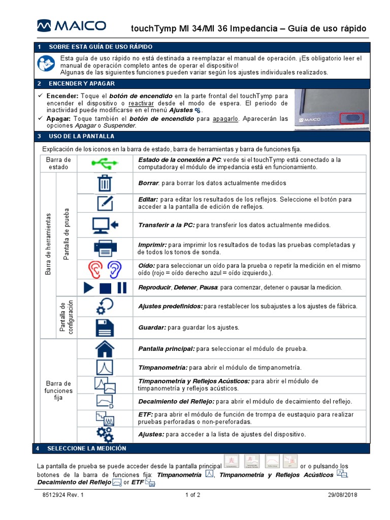 MAICO Touchtymp MI 34 MI 36 Guia Rapida | PDF