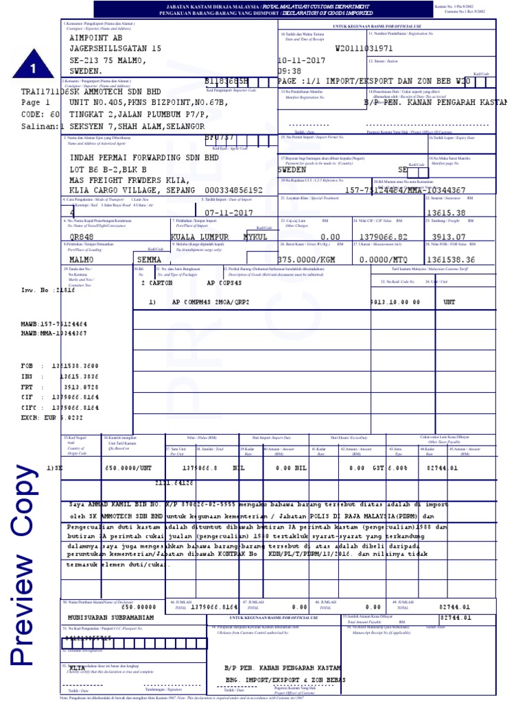 Borang Pengakuan Kastam K1 Malaysia | PDF