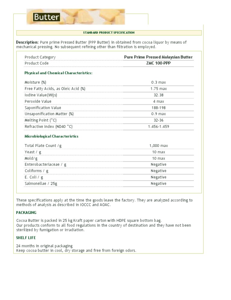 Semi-Refined Cocoa Butter Specifications | PDF
