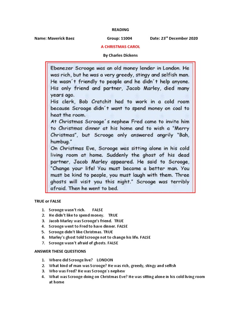 A Christmas Carol: Comprehension Guide | PDF | Ebenezer Scrooge | A ...