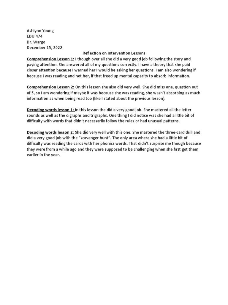 Reading Intervention Lessons Reflections | PDF