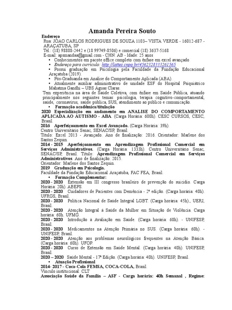 Curriculo Amanda Pereira Souto | PDF | Saúde mental | Brasil