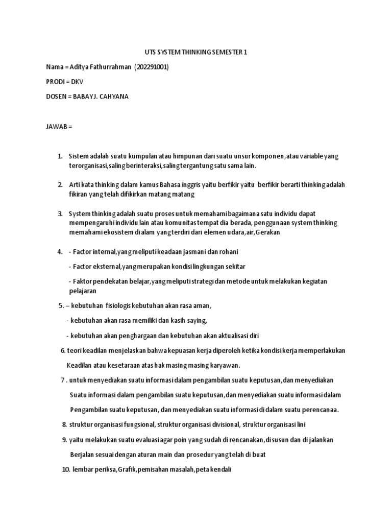 Uts System Thinking Aditya Fathurrahman Semester 1 | PDF | Karier & Perkembangan